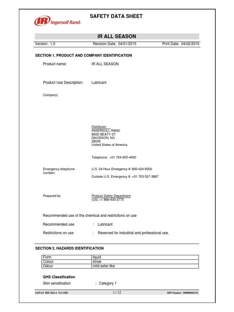 Safety Data Sheet: Section 1. Product and Company Identification | PDF ...