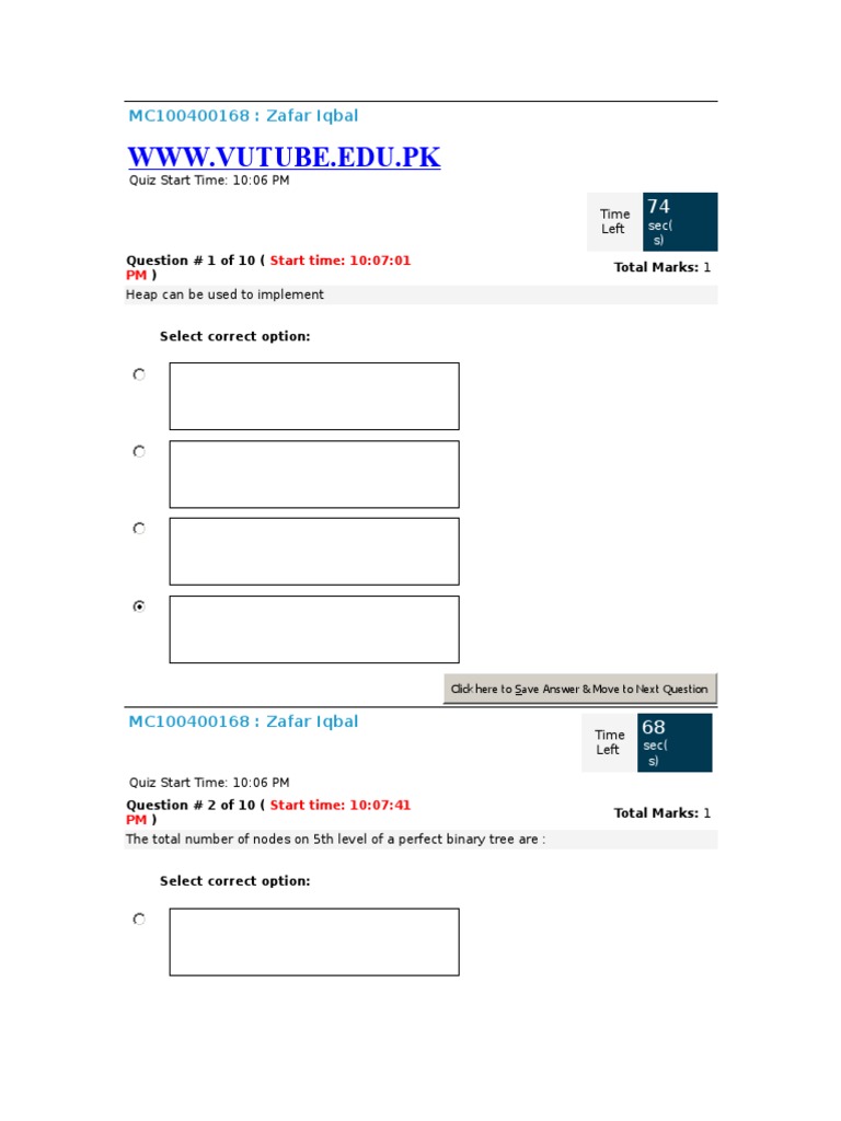 Data Structures Cs301 Spring 2011 Quizz Pdf Computer Programming Algorithms