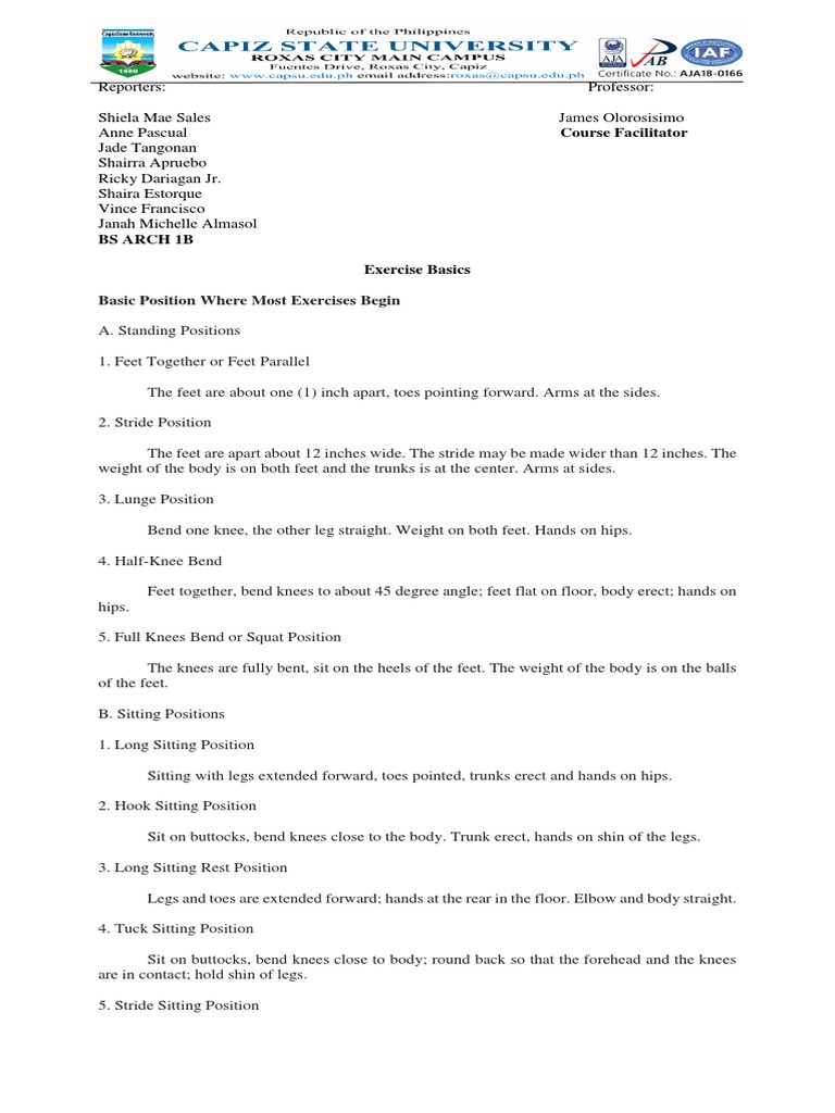 Bs Arch 1B Exercise Basics: Basic Position Where Most Exercises Begin ...