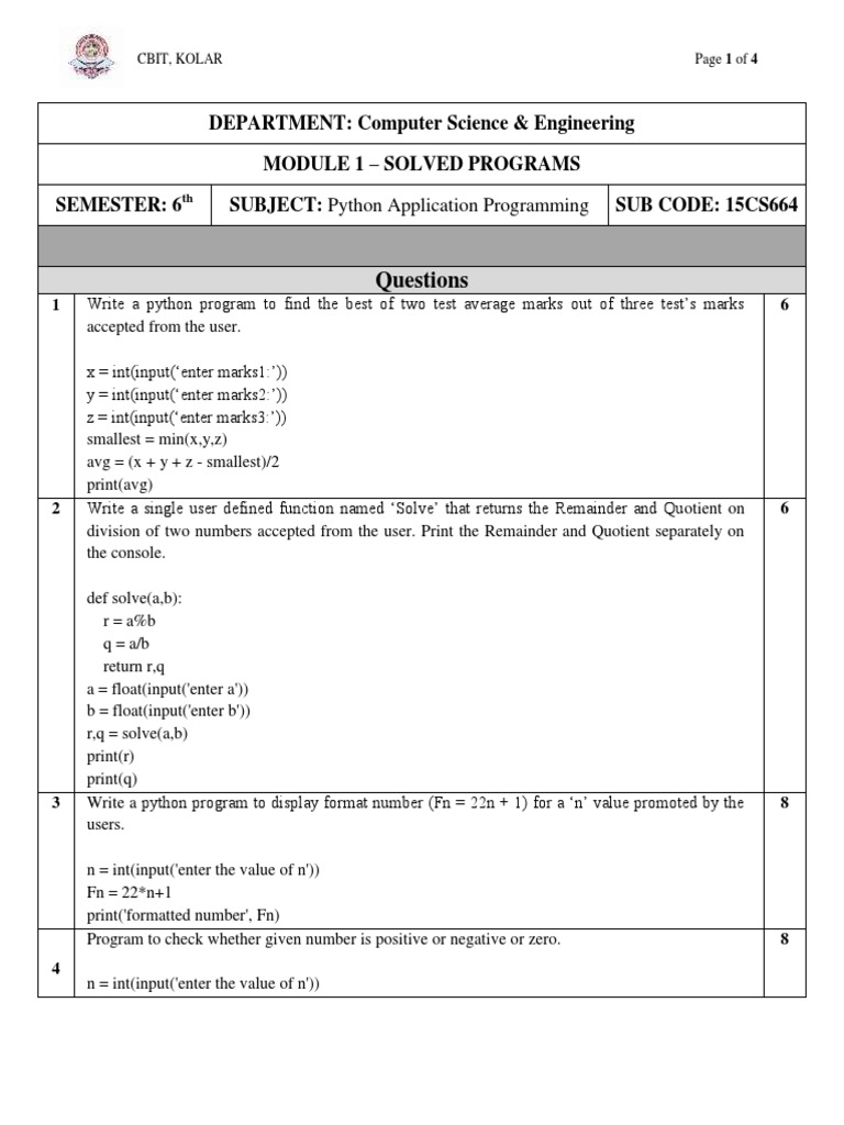 DEPARTMENT: Computer Science & Engineering Module 1 - Solved Programs Semester: 6 SUBJECT ...