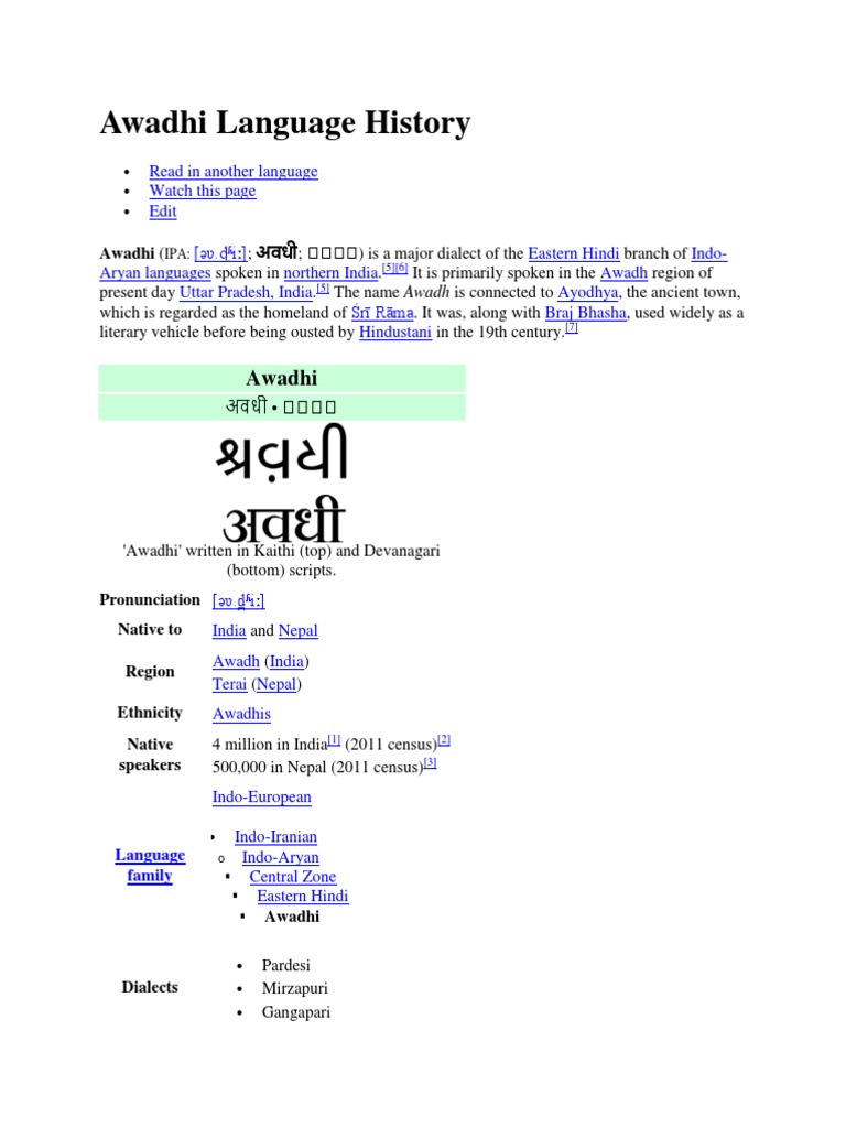 Awadhi Language History | PDF | Indo Aryan Peoples | Languages Of Asia
