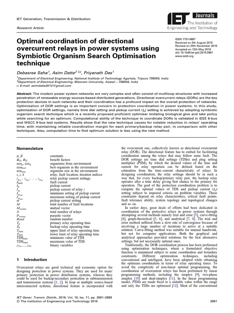 Optimal Coordination of Directional Overcurrent Relays in Power Systems ...