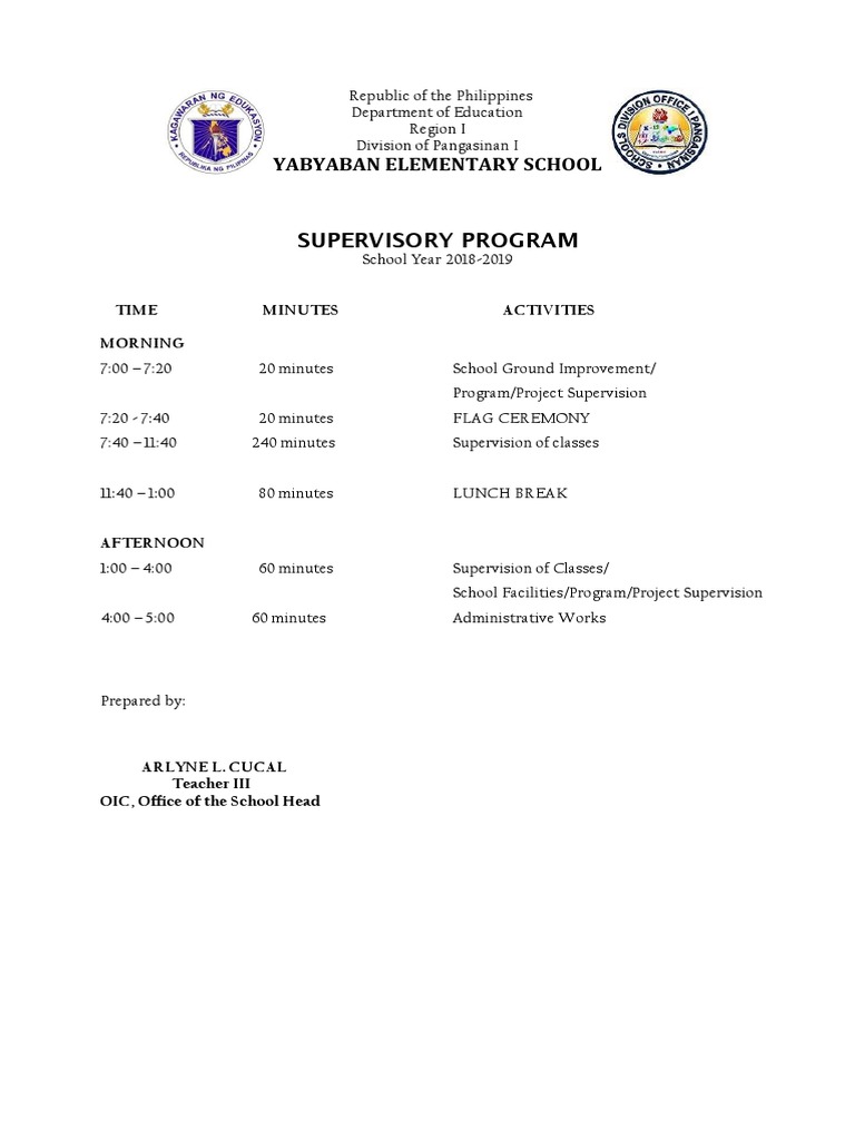Supervisory Program Yabyaban Elementary School Pdf Philippines