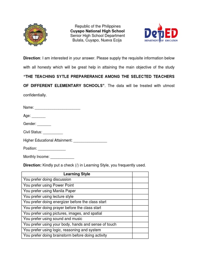 Name: - Age: - Gender: - Civil Status: - Higher Educational Attainment ...