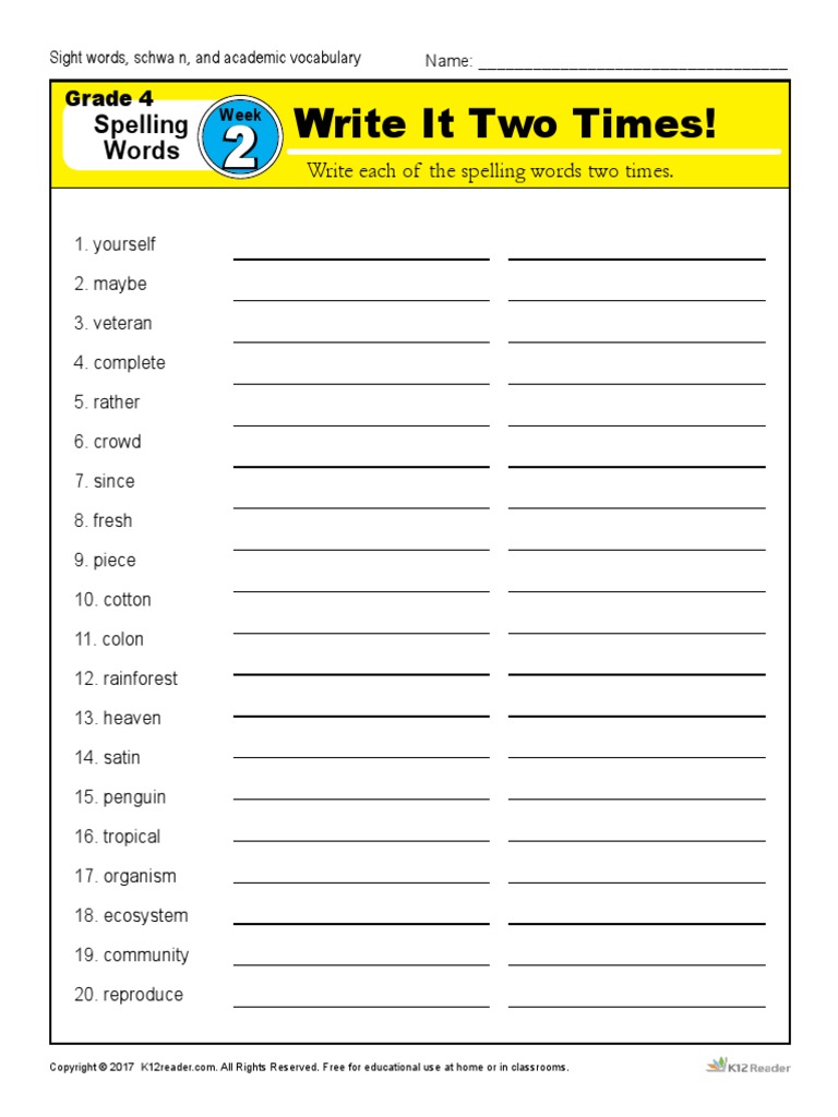 4th Grade Spelling Words Week 2 | PDF | Linguistics | Learning