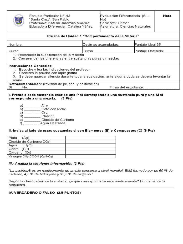 Prueba Unidad 1 7mo Comportamiento de La Materia | PDF | Sustancias ...