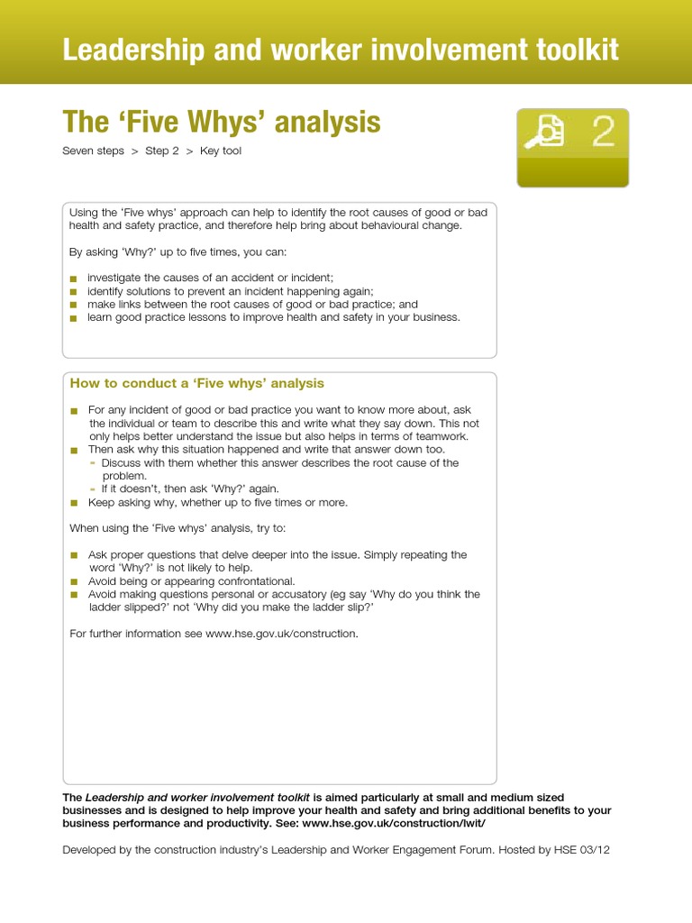 The Five Whys' Analysis: Leadership and Worker Involvement Toolkit | PDF