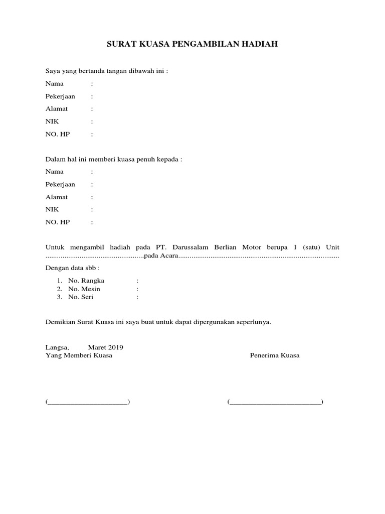 Surat Kuasa Pengambilan Hadiah | PDF
