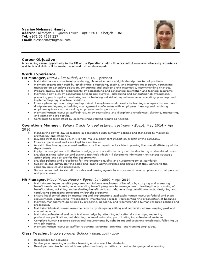 Career Objective: HR Manager, Narva Blue Dubai, Apr 2016 - Present ...