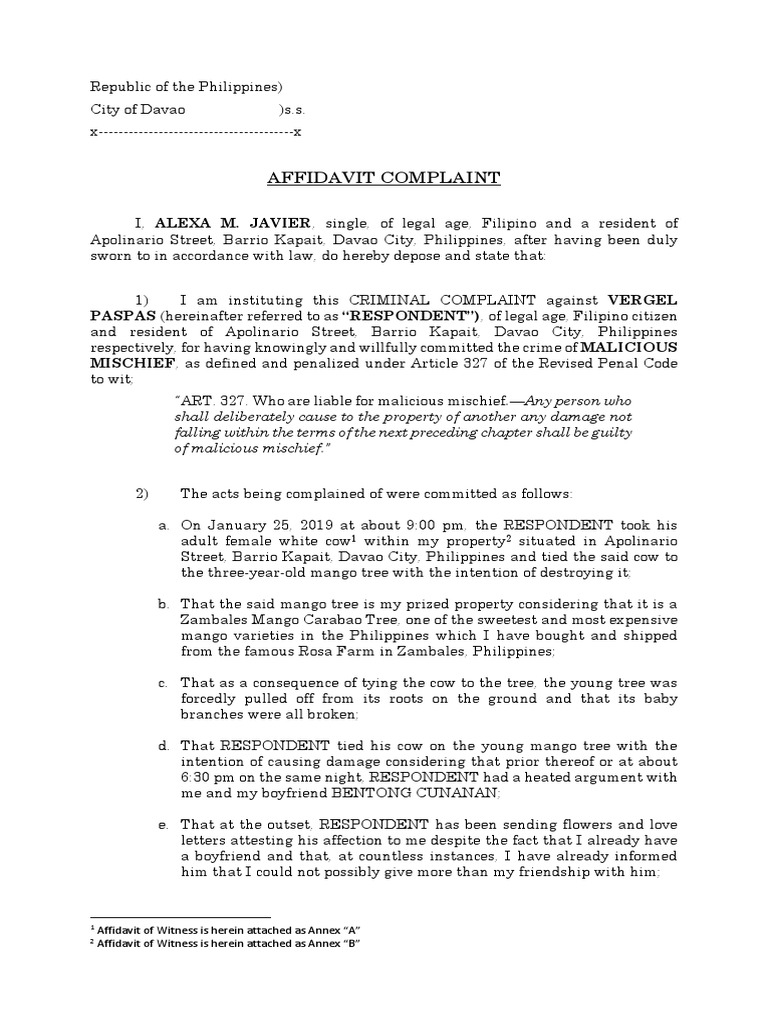 Malicious Mischief Sample Legal Form | PDF | Virtue | Government ...