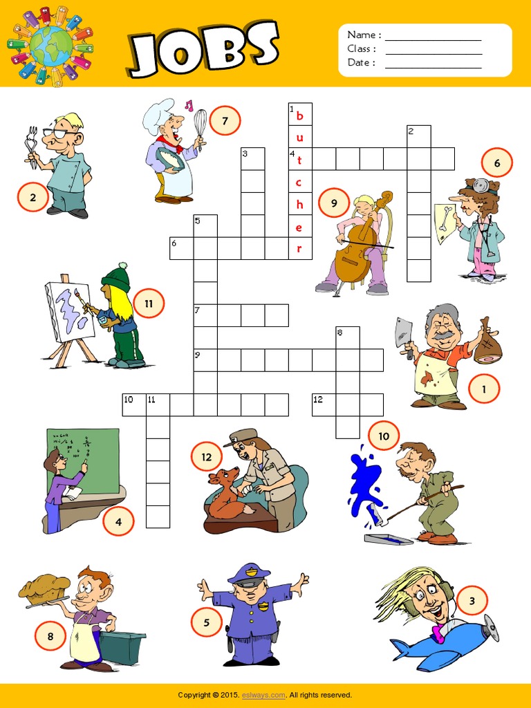 Jobs Esl Vocabulary Crossword Puzzle Worksheet For Kids PDF | PDF