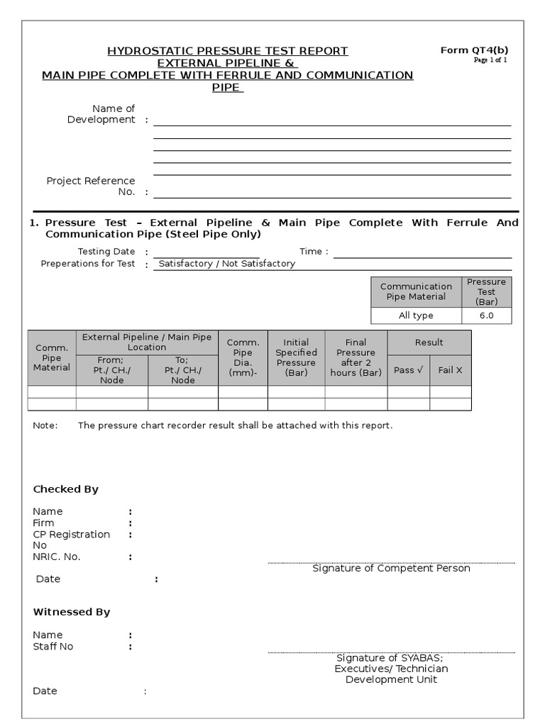Hydrostatic Pressure Test Report External Pipeline & Main Pipe Complete ...