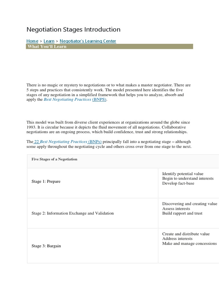 Negotiation Stages Introduction | PDF | Bargaining | Negotiation