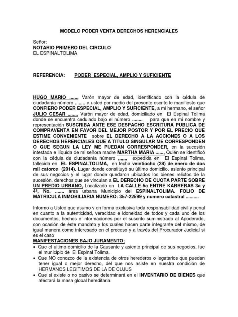Modelo Poder Venta Derechos Herenciales | PDF | Herencia | Gobierno