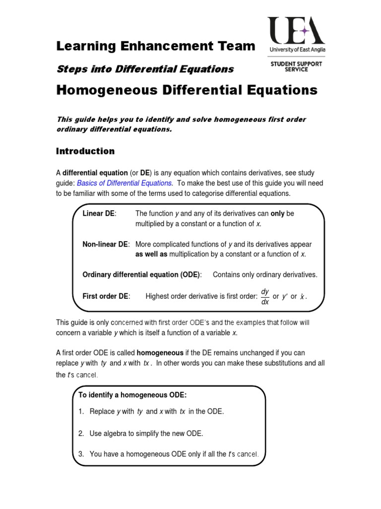 Steps Into Differential Equations Homogeneous Differential Equations ...