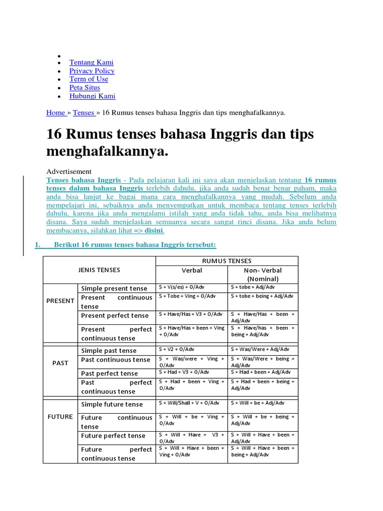 16 Rumus Tenses Bahasa Inggris Dan Tips Menghafalkannya. | PDF | Syntax ...
