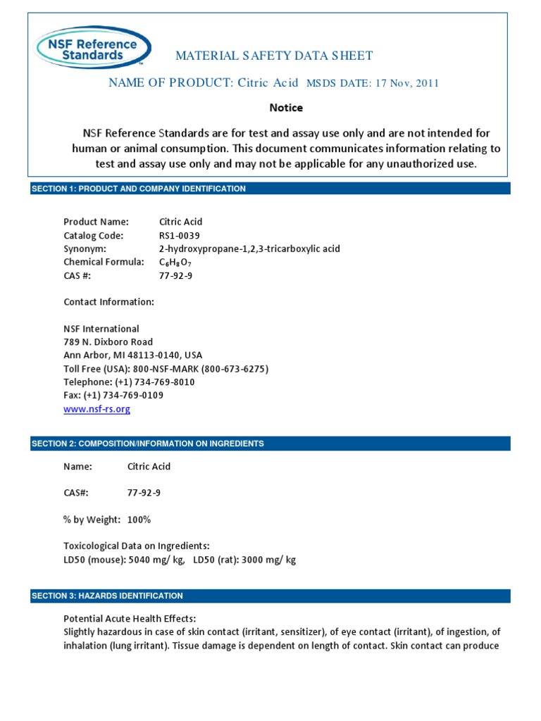 Citric Acid | PDF | Toxicity | Corrosion