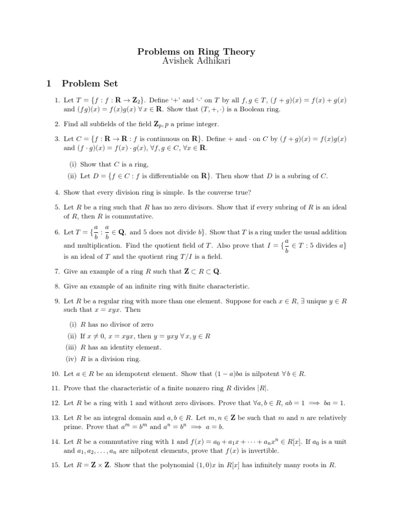 Problems On Ring Theory Avishek Adhikari 1 Problem Set | PDF | Ring (Mathematics) | Integer