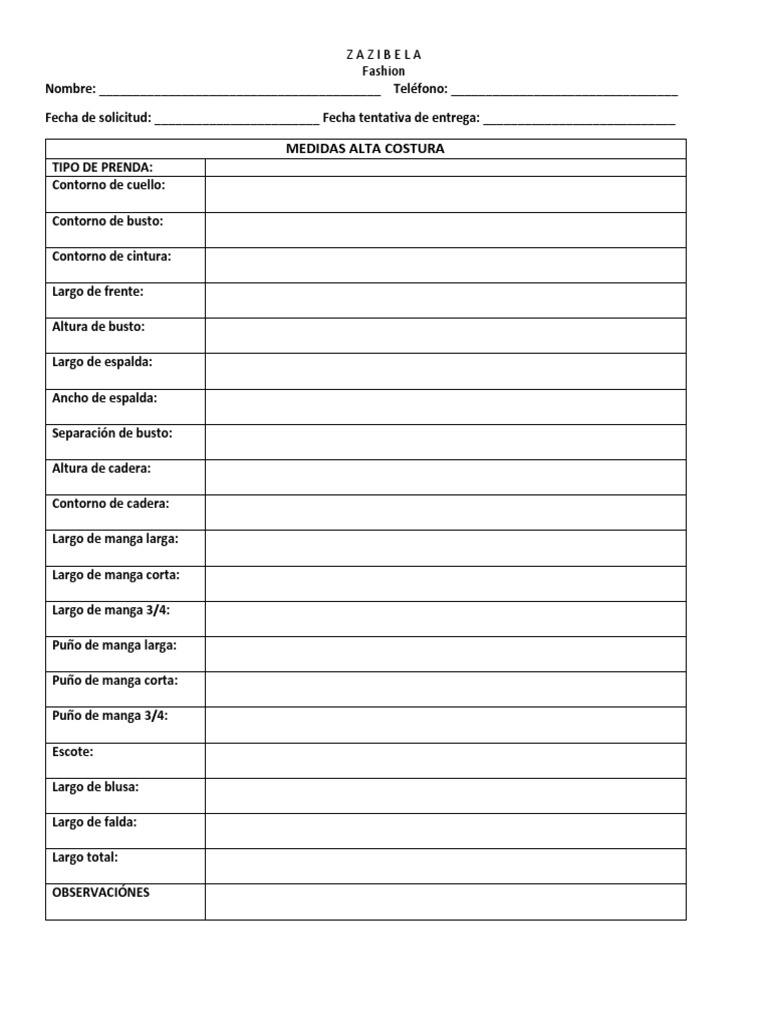 Formato de Medidas para Confección | PDF