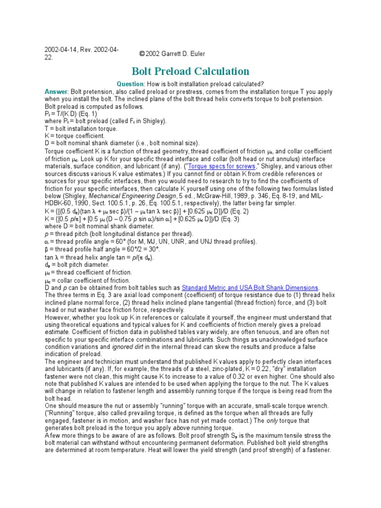 Bolt Preload Calculation: Answer | PDF | Mechanical Engineering | Mechanics