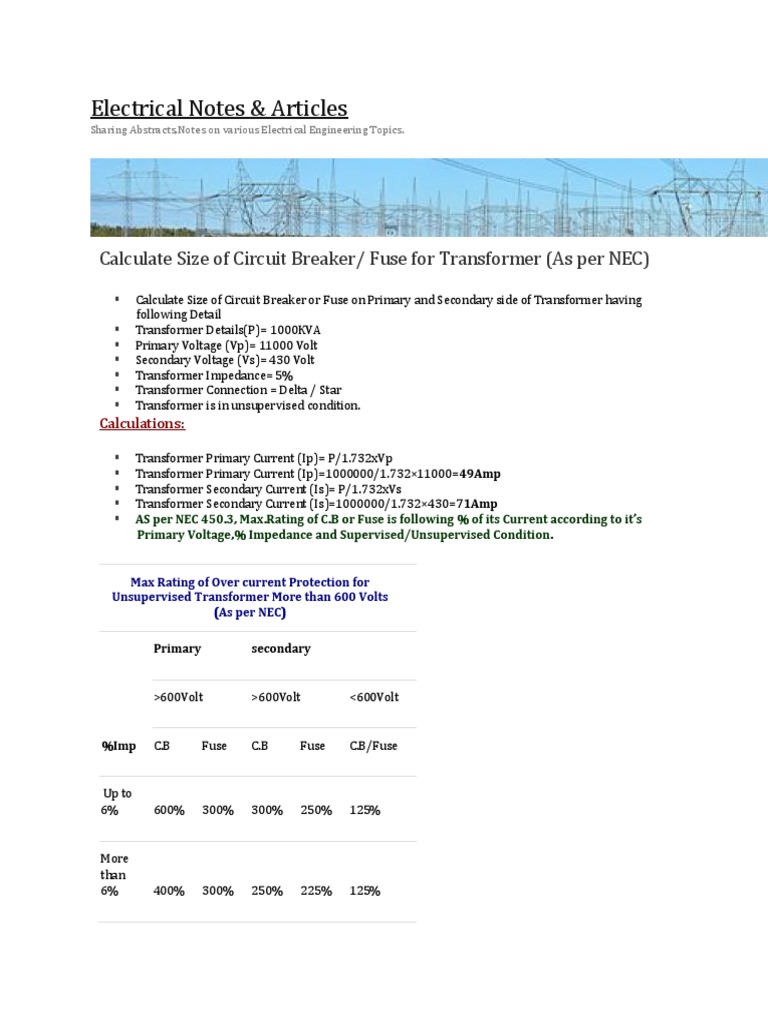 Calculate Size of Circuit Breaker or Fuse For Transformer (As Per NEC ...