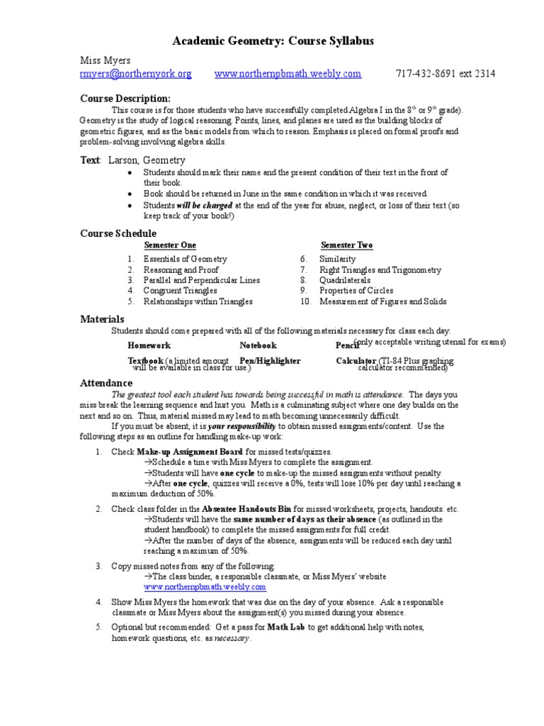 Syllabus - Academic Geometry | PDF | Homework | Geometry