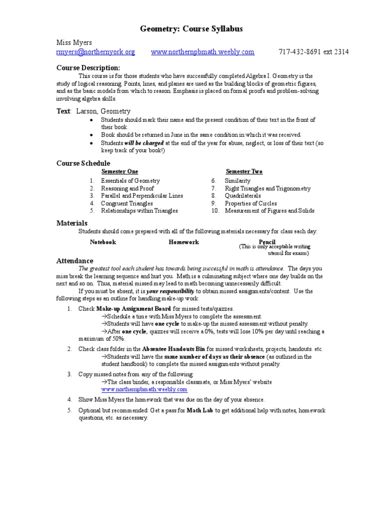 Syllabus - Geometry | PDF | Homework | Geometry