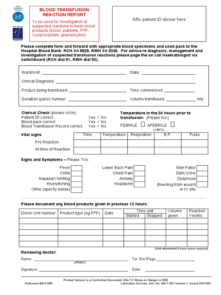 Transfusion Reaction Report Form PDF | PDF | Blood Transfusion | Blood