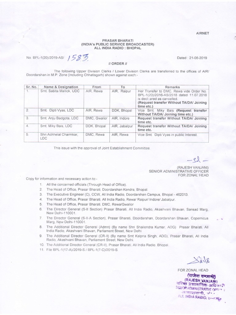 Transfer Order of Admn | PDF