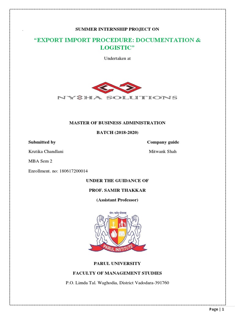 "Export Import Procedure: Documentation & Logistic": Undertaken at ...