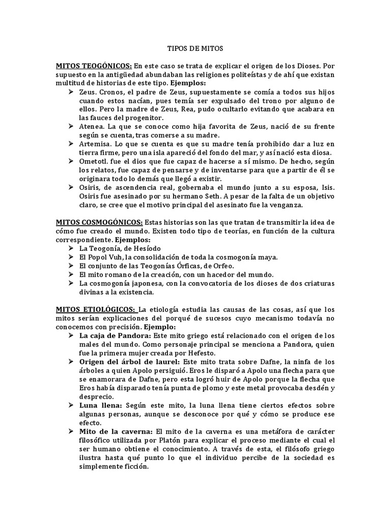 Tipos de Mitos | PDF | Mitología | Religión y creencia