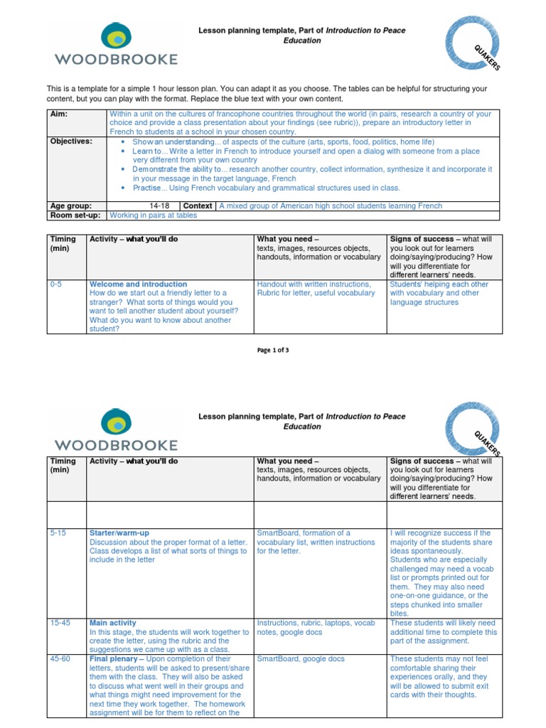 Lesson Planning Template Peace Studies | PDF | Lesson Plan | Vocabulary