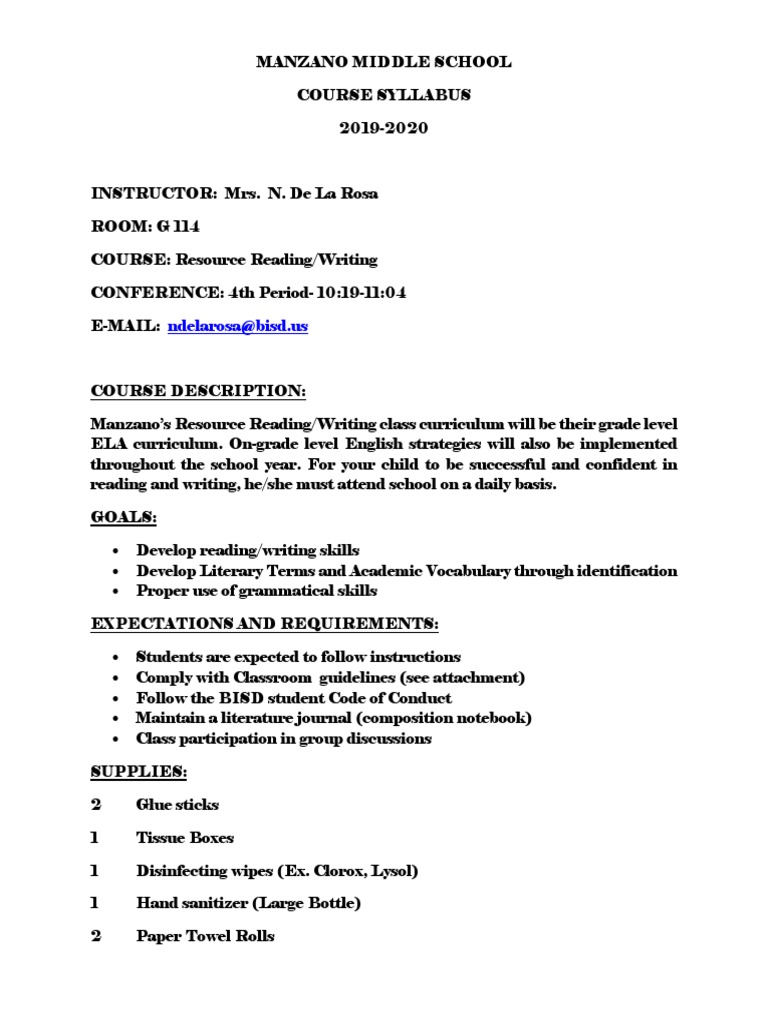 Syllabus-Writing-Reading 2019-2020 | PDF | Homework | Individualized ...