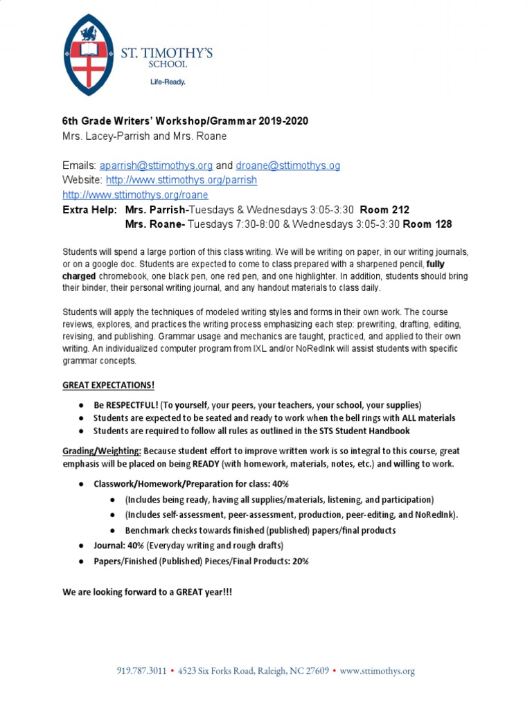 6th Grade WW Syllabus 2019-2020 | PDF | Language Arts & Discipline