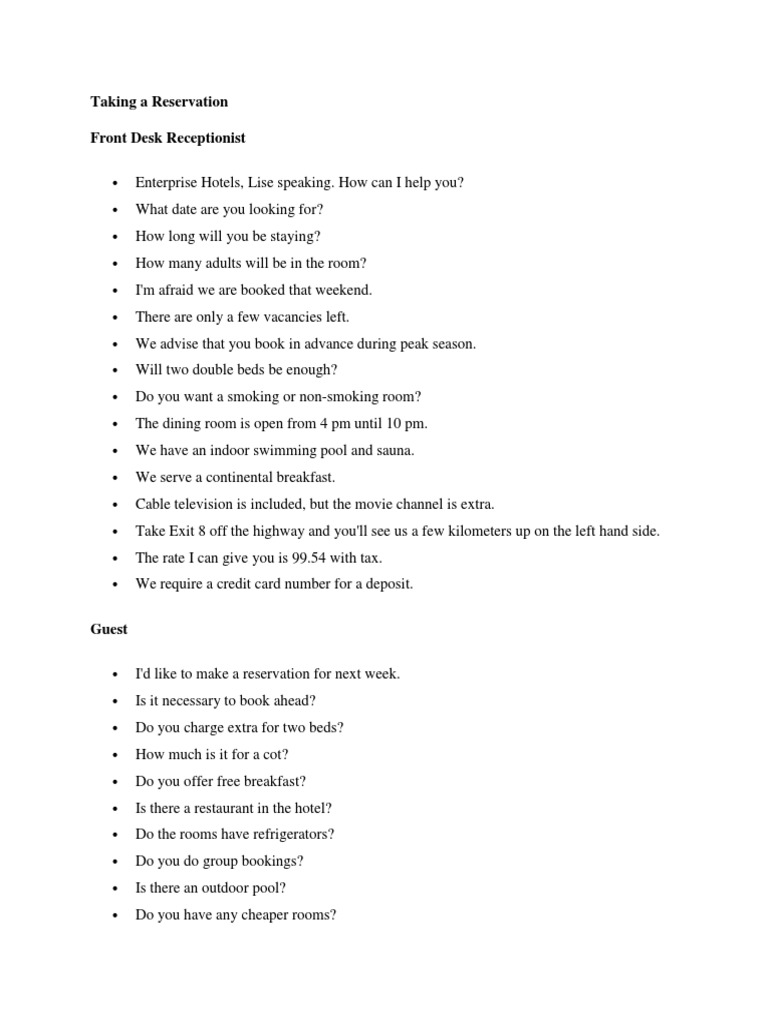 Taking A Reservation Front Desk Receptionist | PDF | Hotel | Credit Card