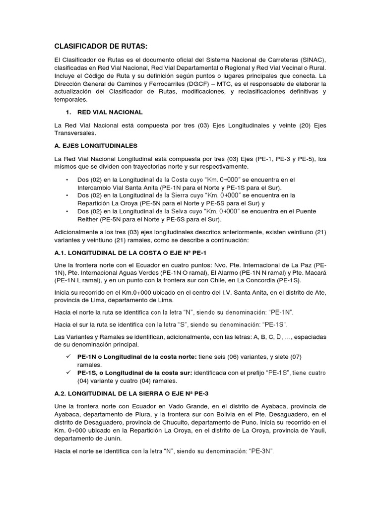 Clasificador de Rutas Nacional PE-1N | PDF | Perú | Transporte