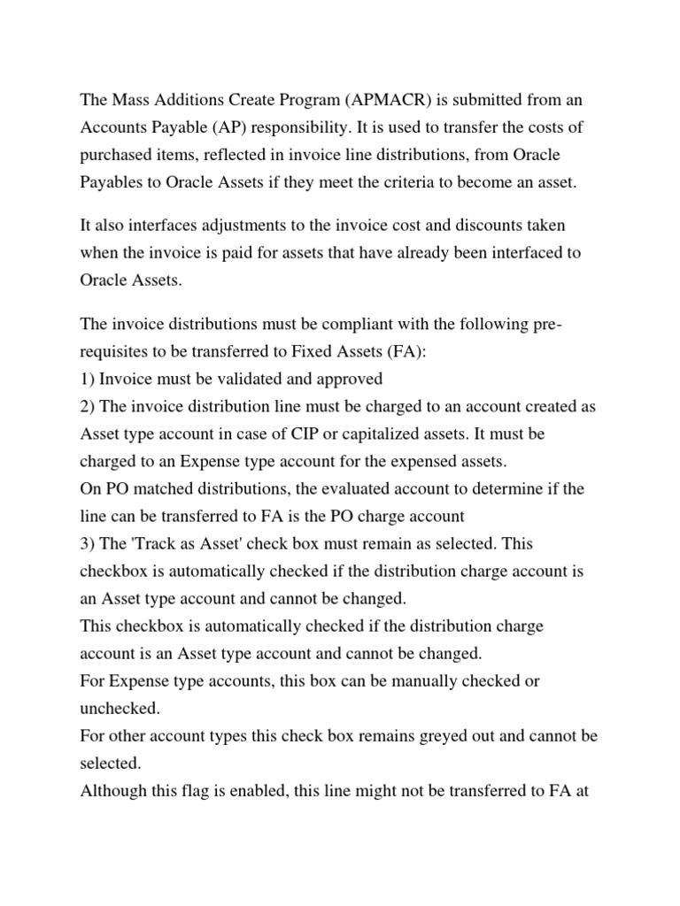 FA Mass Additions Create Program | PDF | Accounts Payable | Depreciation