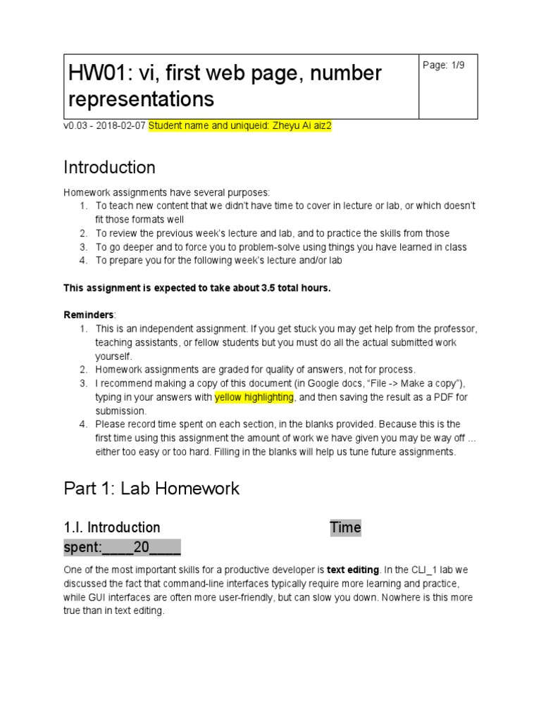 HW01: Vi, First Web Page, Number Representations: Time Spent: - 20 ...