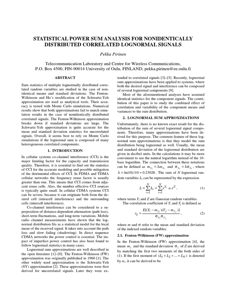 Statistical Power Sum Analysis For Nonidentically Distributed Correlated Lognormal Signals | PDF ...