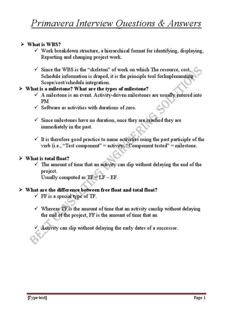Primavera Interview Questions & Answers: (Type Text) | PDF | Business