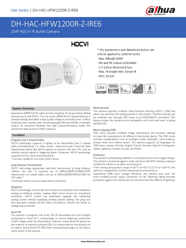 DH Hac Hfw1200r Z Ire6 Datasheet 20180718 | PDF | Camera Lens | Infrared