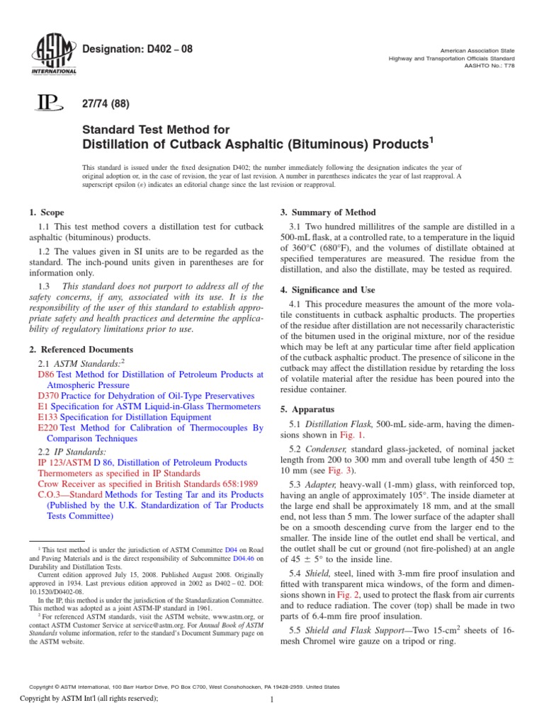 Distillation of Cutback Asphaltic D402 08 | PDF | Distillation ...