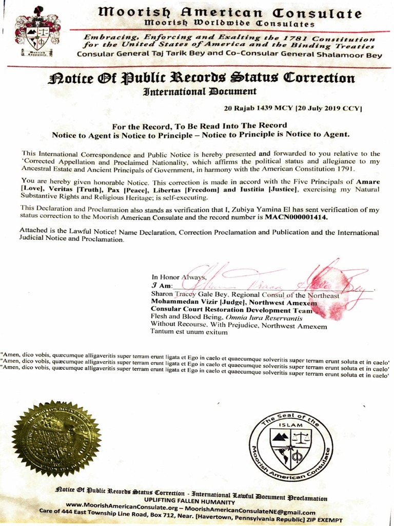 Status Correction Judicial Notice and Proclamation | United States ...