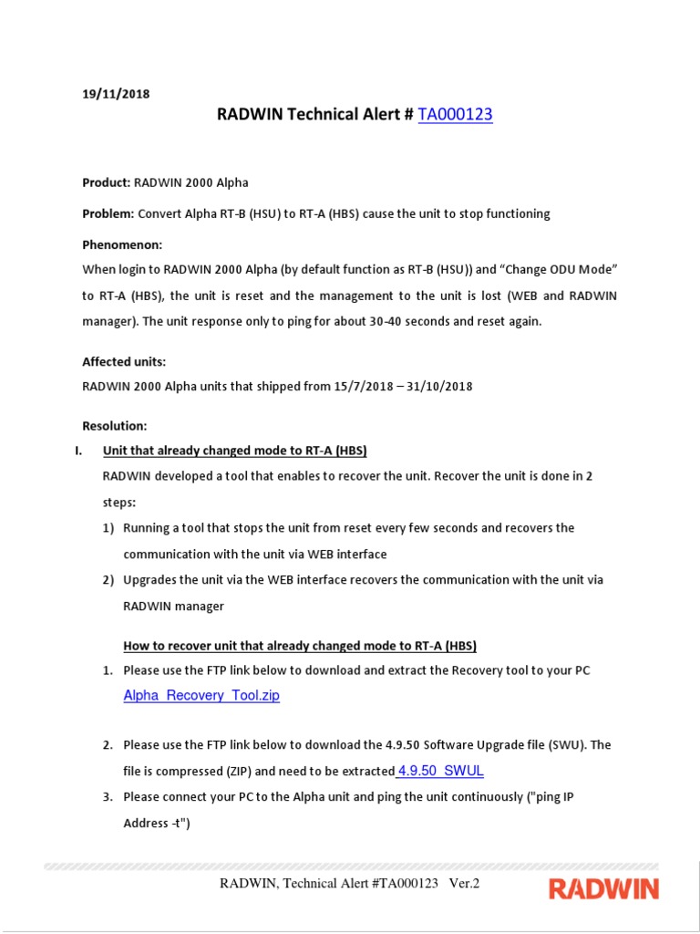 Resolving Issues When Converting RADWIN 2000 Alpha Units from RT-B (HSU) to RT-A (HBS) Mode ...
