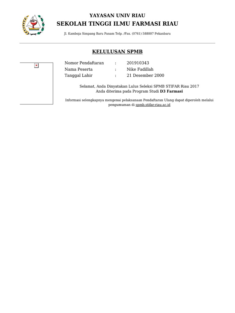 Bukti Lulus PMB Stifar Riau | PDF