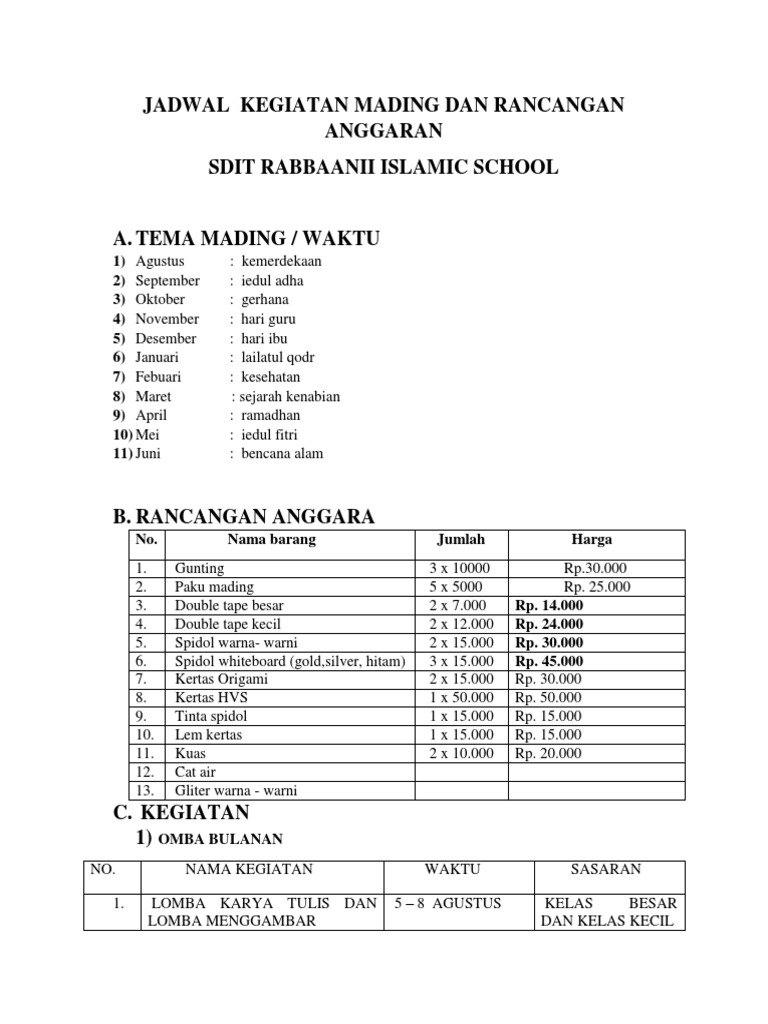 Jadwal Kegiatan Mading Dan Rancangan Anggaran | PDF