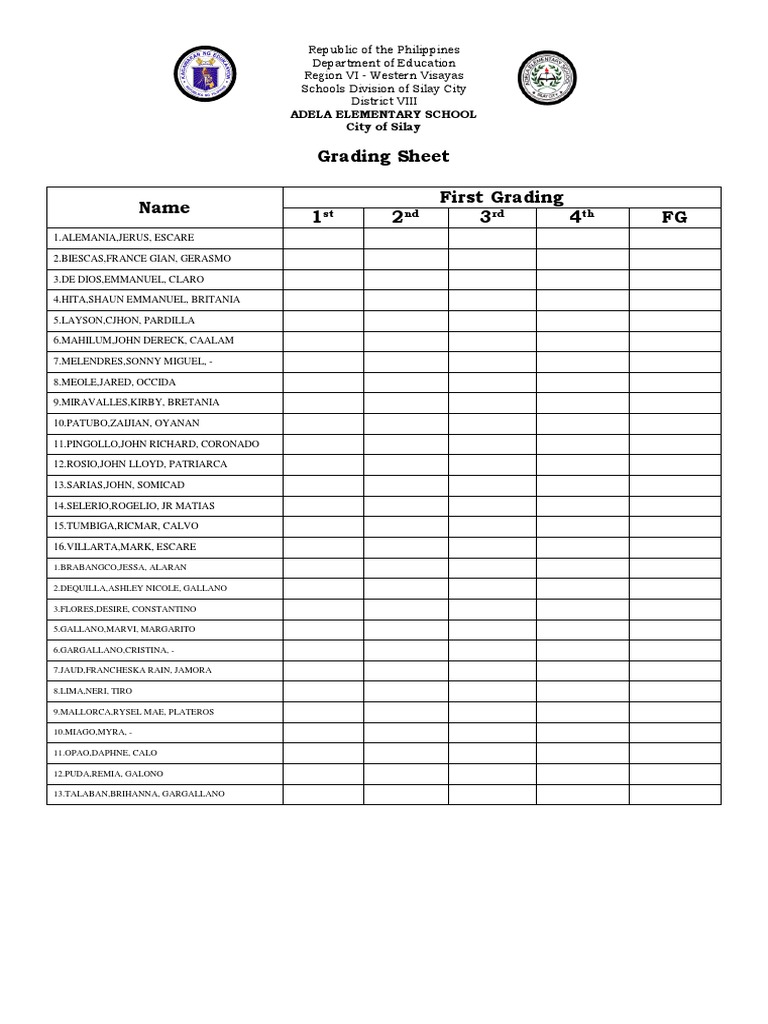 Grading Sheet Name First Grading 1 2 3 4 FG: Adela Elementary School ...