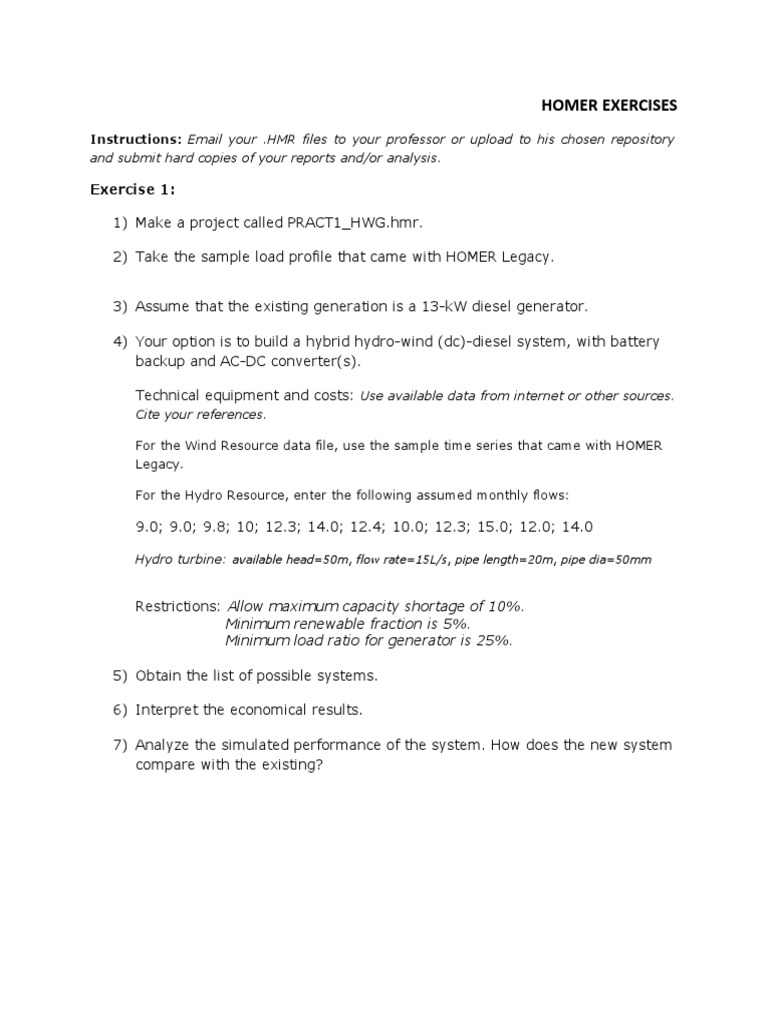 HOMER Exercise 1 | PDF | Hydroelectricity | Electricity Generation