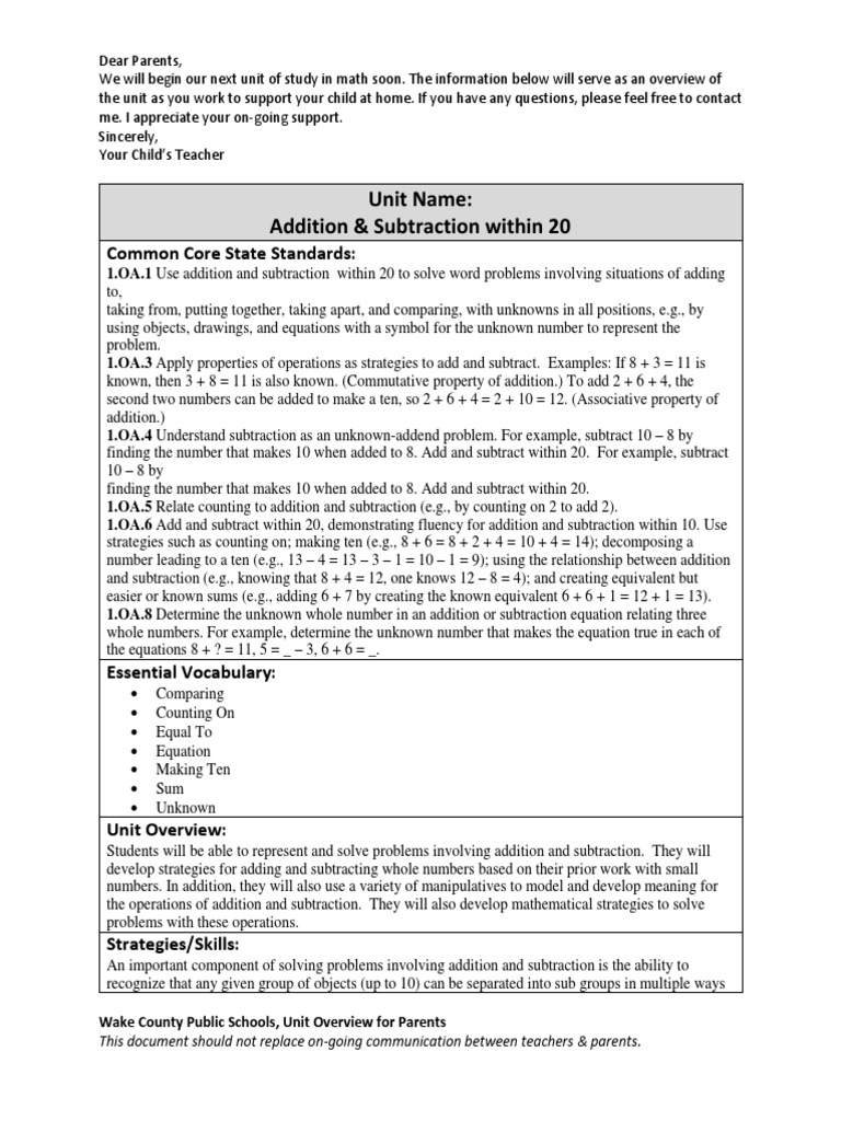 Addition and Subtraction Parent Letter | PDF | Subtraction | Equations