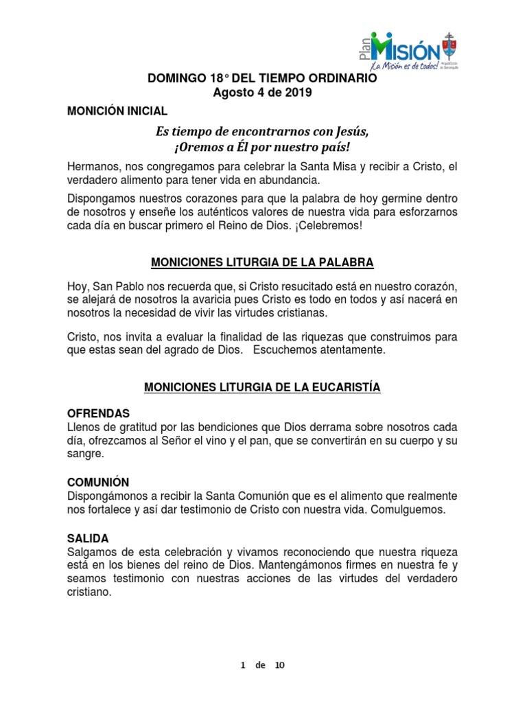 2019 08 Agosto Moniciones Ciclo-C | PDF | eucaristía | Misa (liturgia)